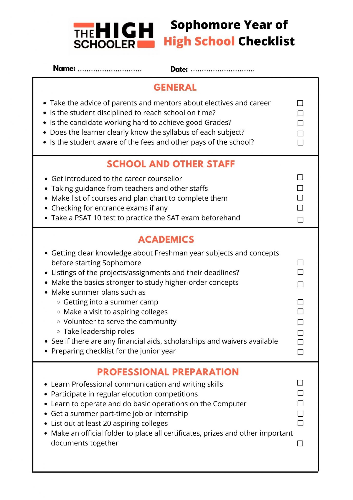 Sophomore Year Of High School Checklist PDF Included TheHighSchooler